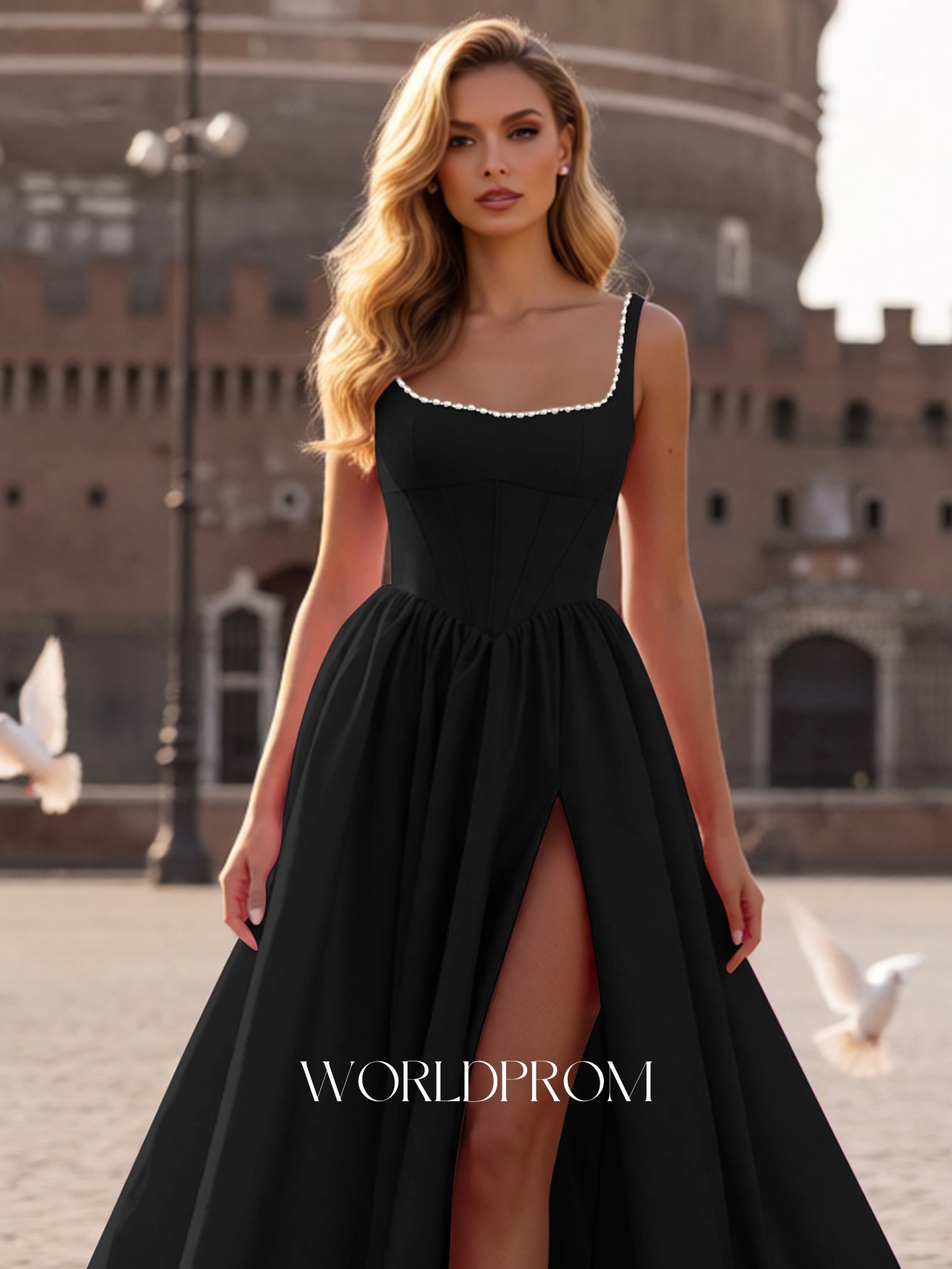 Pearls Like Corset Long A-Line Prom Dress With Slit - Black – Worldprom