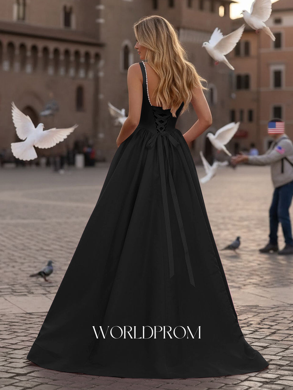 Pearls Like Corset Long A-Line Prom Dress With Slit - Black – Worldprom