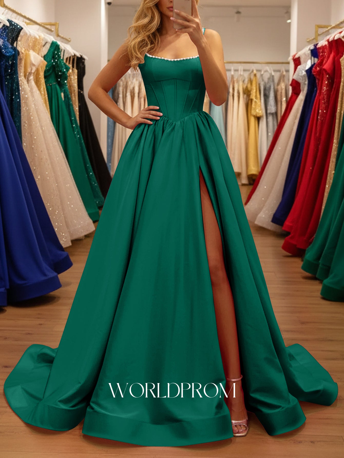 Pearls Like Corset Long A-Line Prom Dress With Slit - Emerald Green ...
