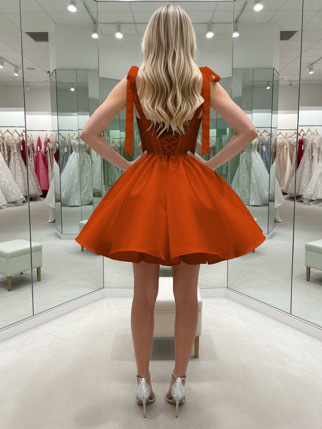 Bow Shoulder Corset Lace Up Satin Mini Ball Gown Prom Dress - Burnt Or ...