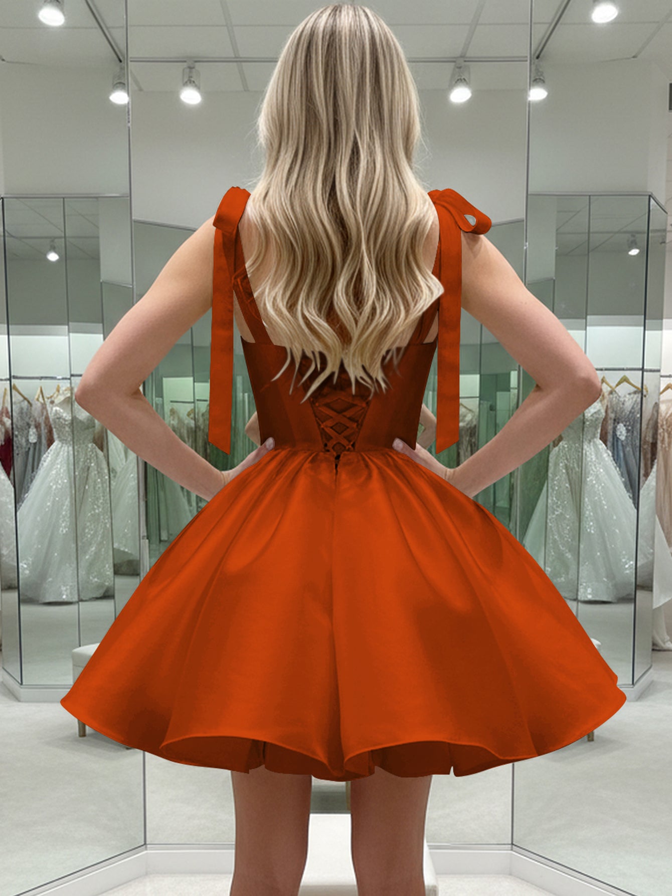 Bow Shoulder Corset Lace Up Satin Mini Ball Gown Prom Dress - Burnt Or ...